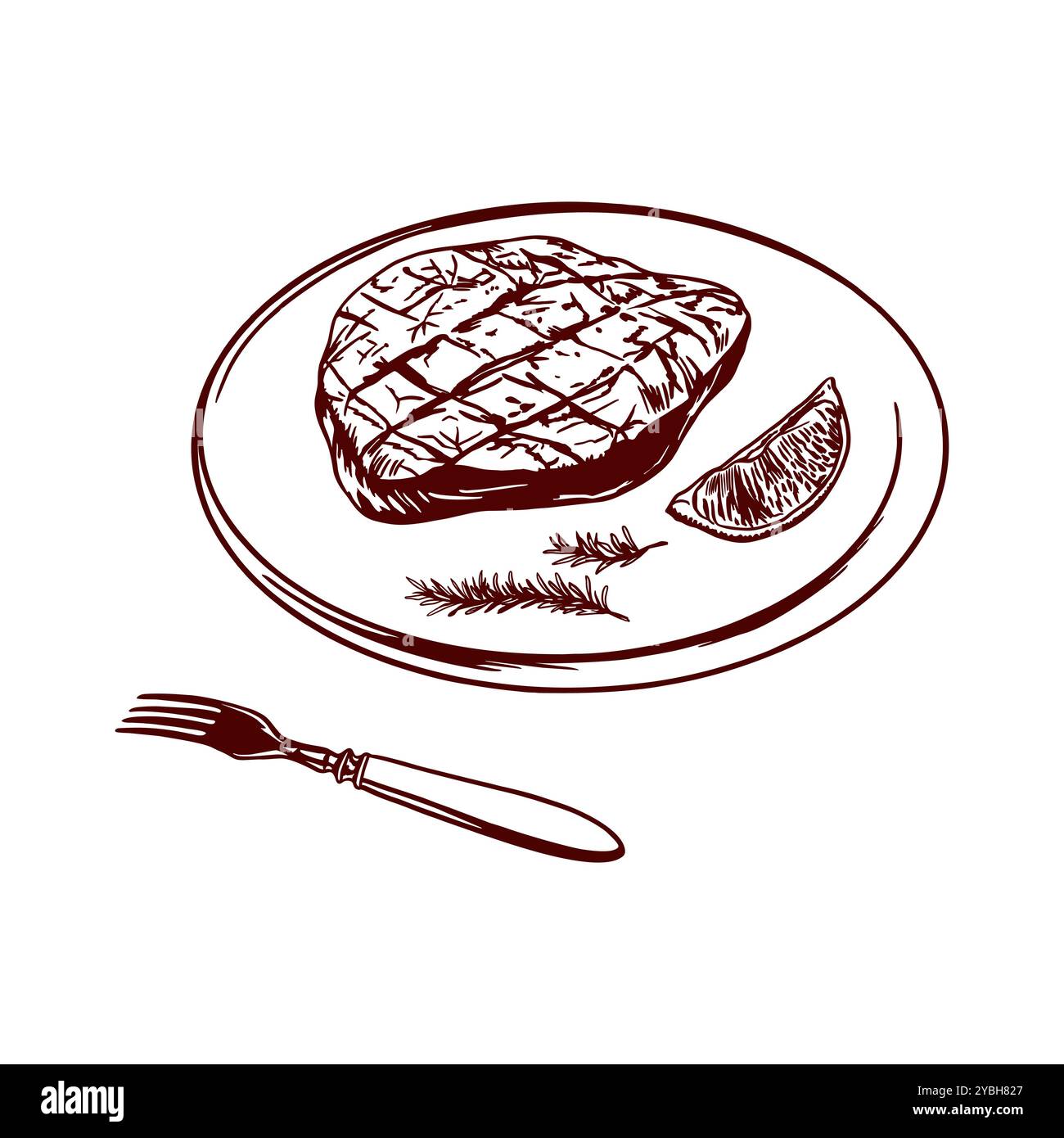 Meat steak on a plate with lemon and rosemary, fork. Autumn food set ...