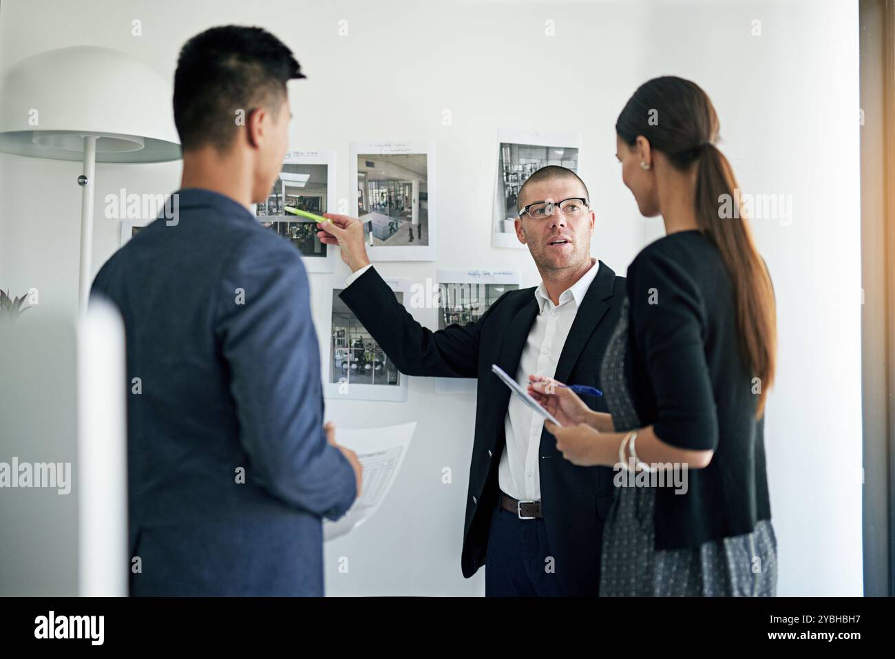 Documents, problem solving and business people in meeting with images ...