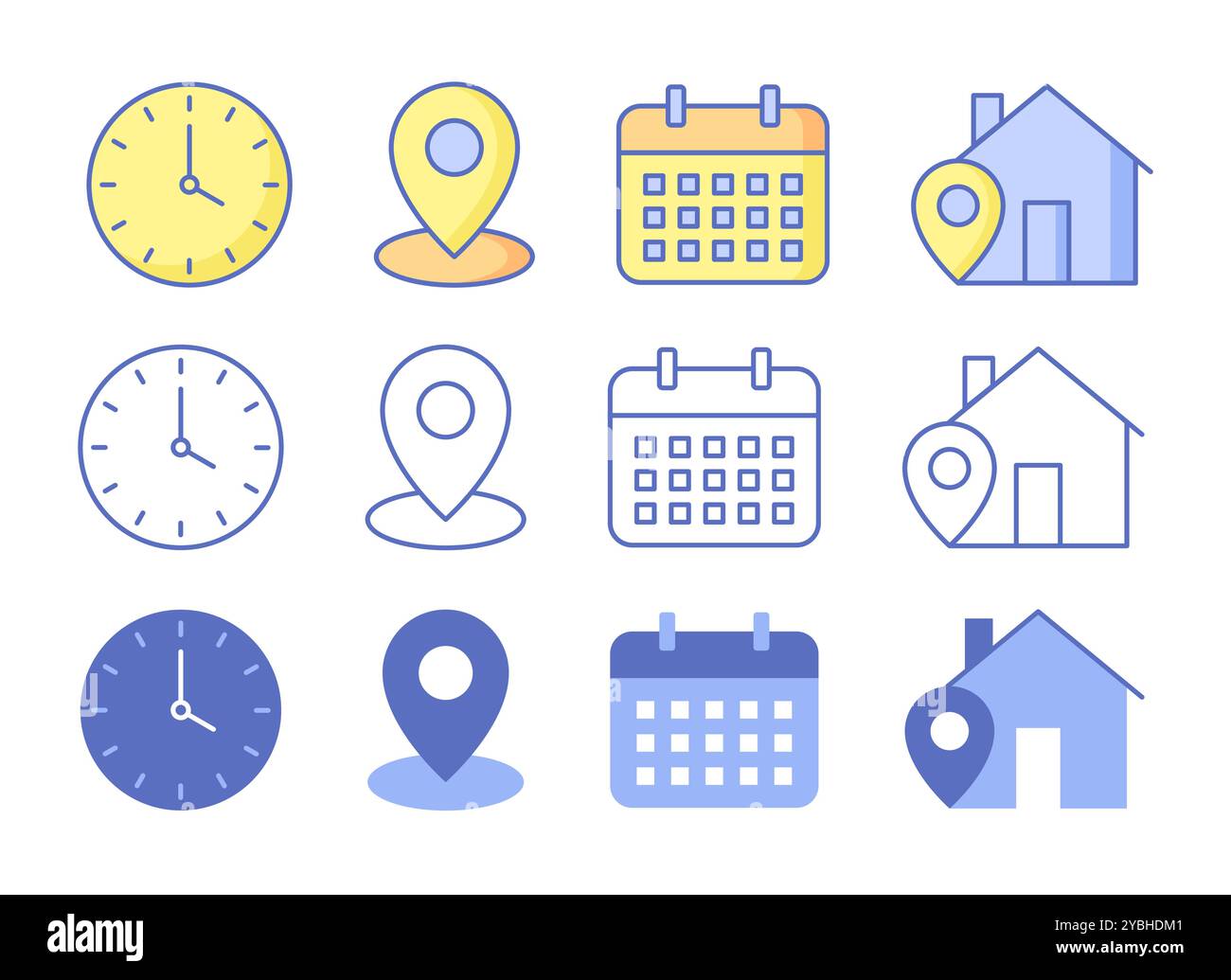 Set of minimalist flat and outline time, date, location icons. Clock ...