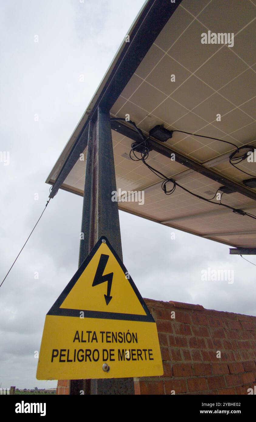 Danger of death electricity warning sign. It is attached to solar panel ...