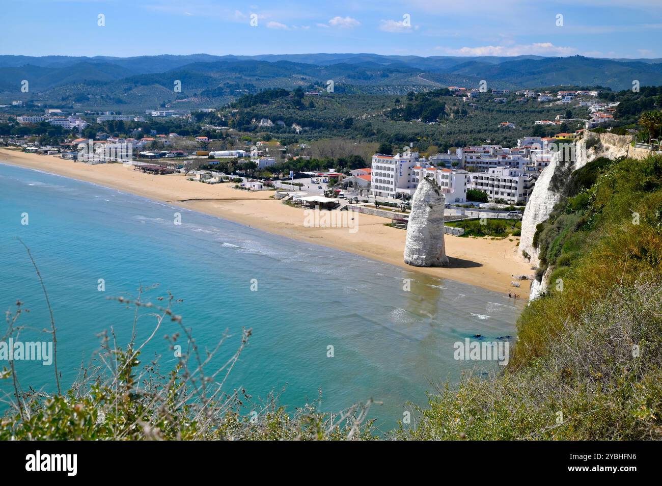 Panorama of the Bay of Vieste with Pizzomunno, the beach, on a sunny ...