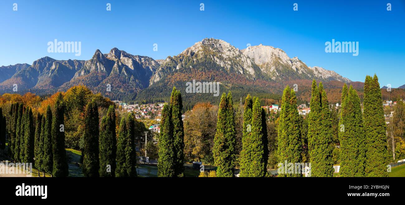 Panorama with the Bucegi Mountains and Caraiman Peak in the background ...