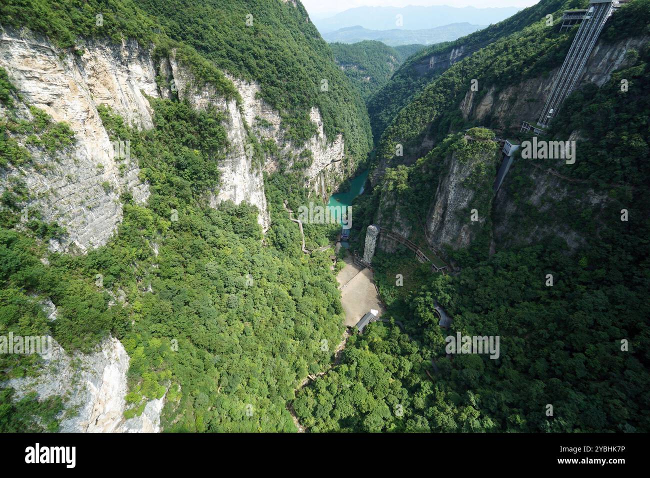View from the glass bridge down to the forest below. The bridge spans ...