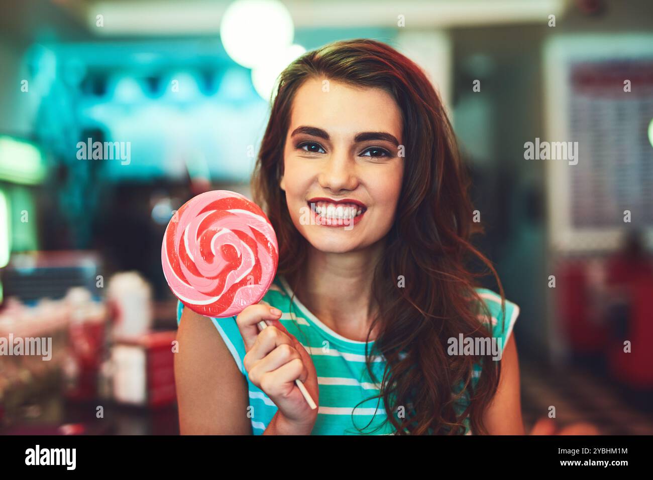 Lollipop, girl and portrait with vintage, fashion and gen z cosmetics ...