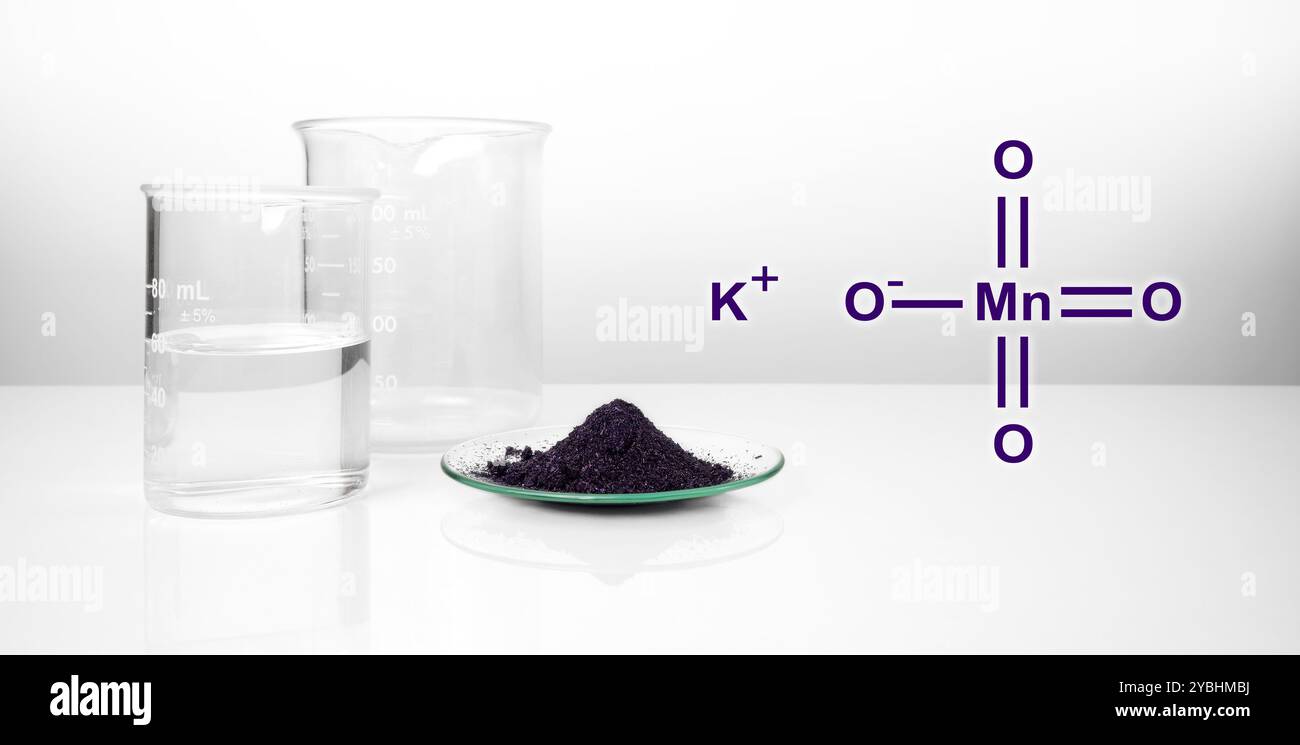 Potassium permanganate (KMnO4) with chemical structure, a common ...