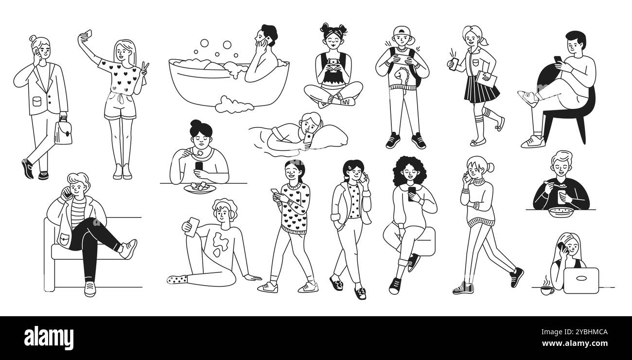 People using smartphones in different situations icons set Stock Vector ...