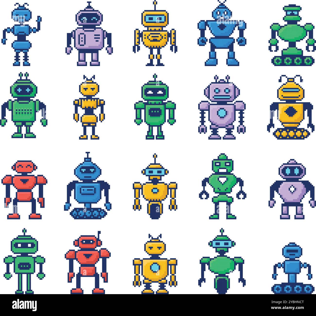 Pixel art robots. Futuristic robot, 8bit bot mascot and retro humanoid. Cyborg and android ...