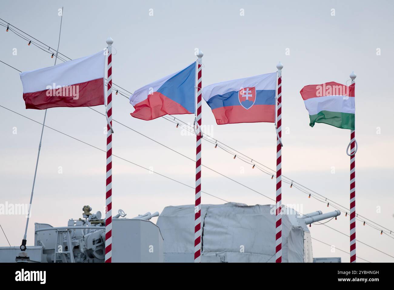 Polish, Hungarian, Slovakian and Czech national flags in Gdynia, Poland ...