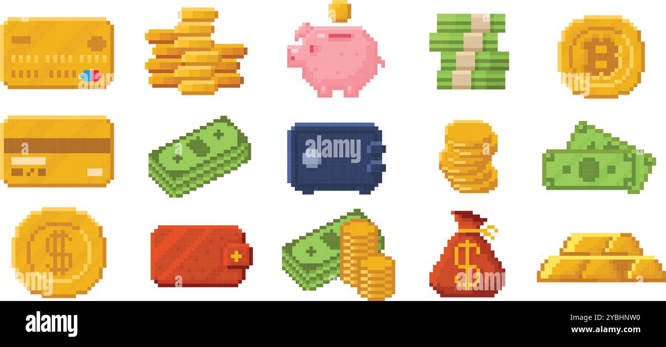 Pixel art money. Golden coins, cash banknotes, credit card, wallet ...