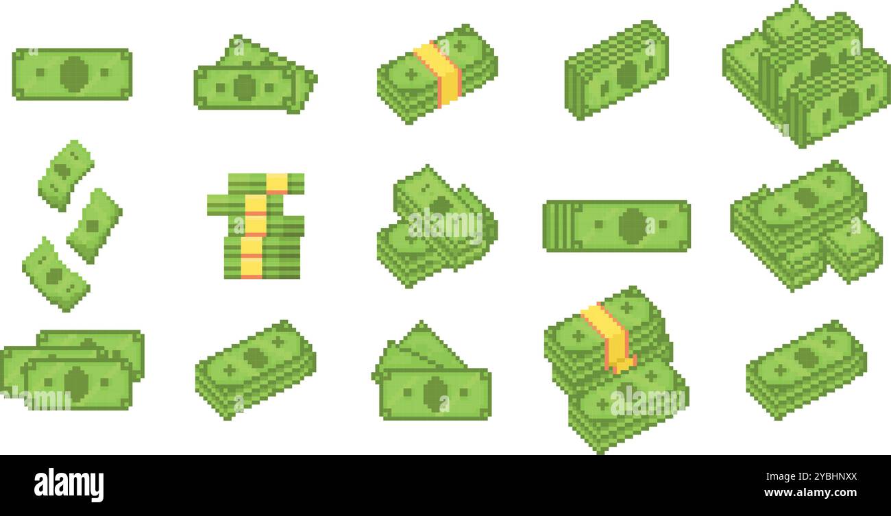 Pixel art cash banknotes. Pixelated money, dollar bills stacks and ...