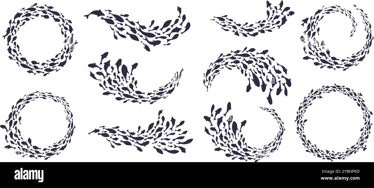 Fish swim in schools silhouette. Shoal of fish or tuna swarm in ...