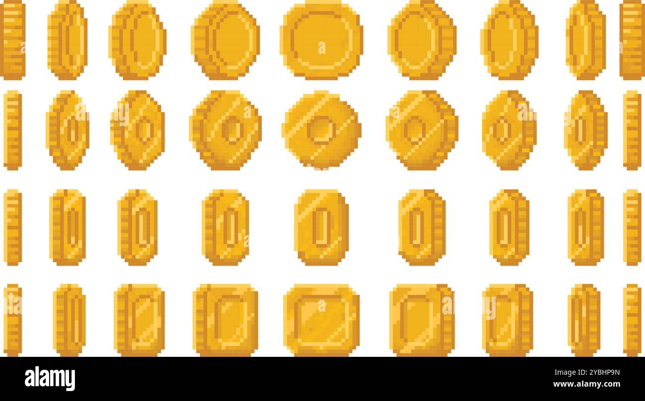 Pixel art coin animation. Spinning money, golden scent circle, oval and ...