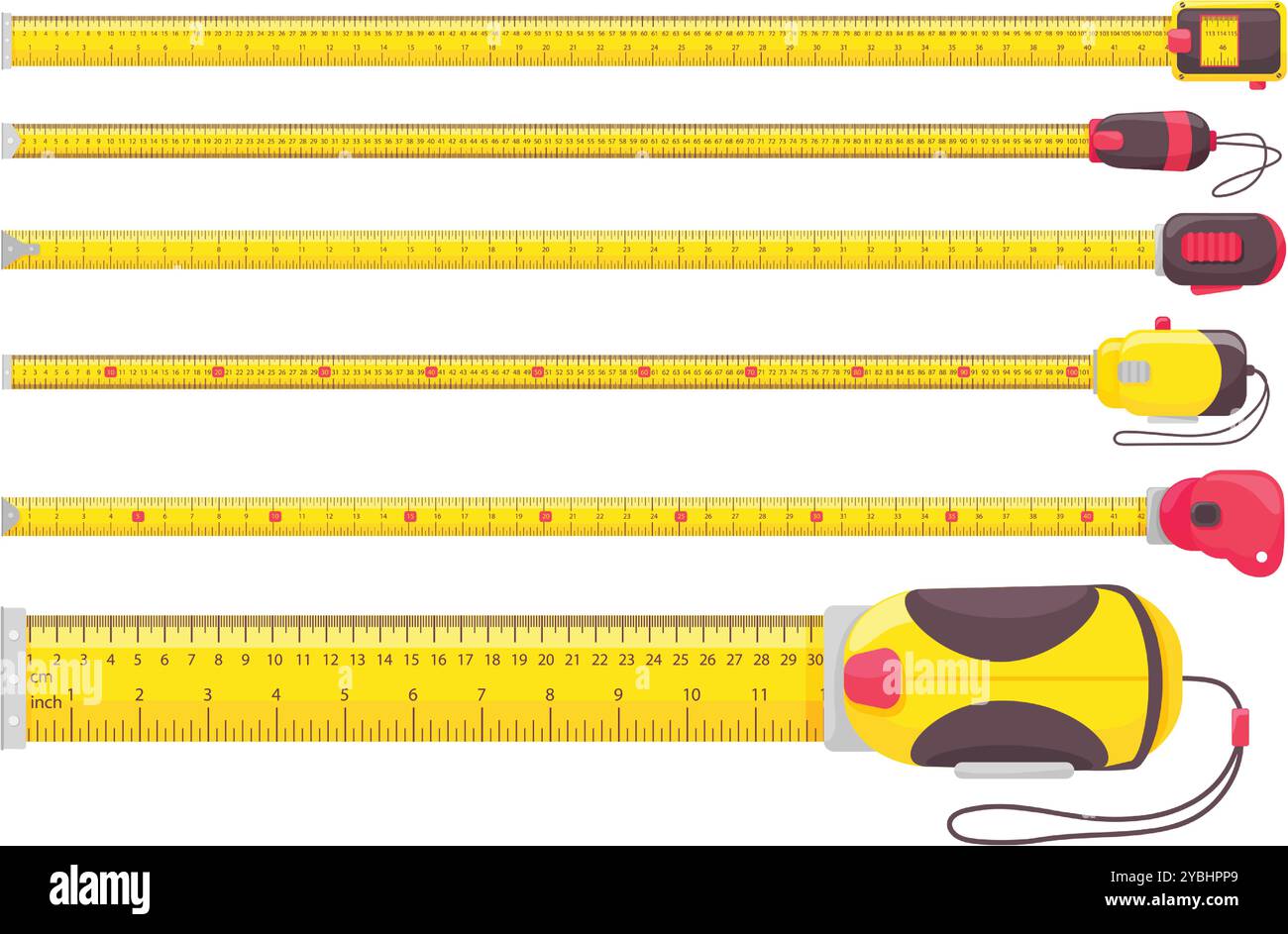 Carpenter measuring tape ruler. Yellow tape measures with metric and ...