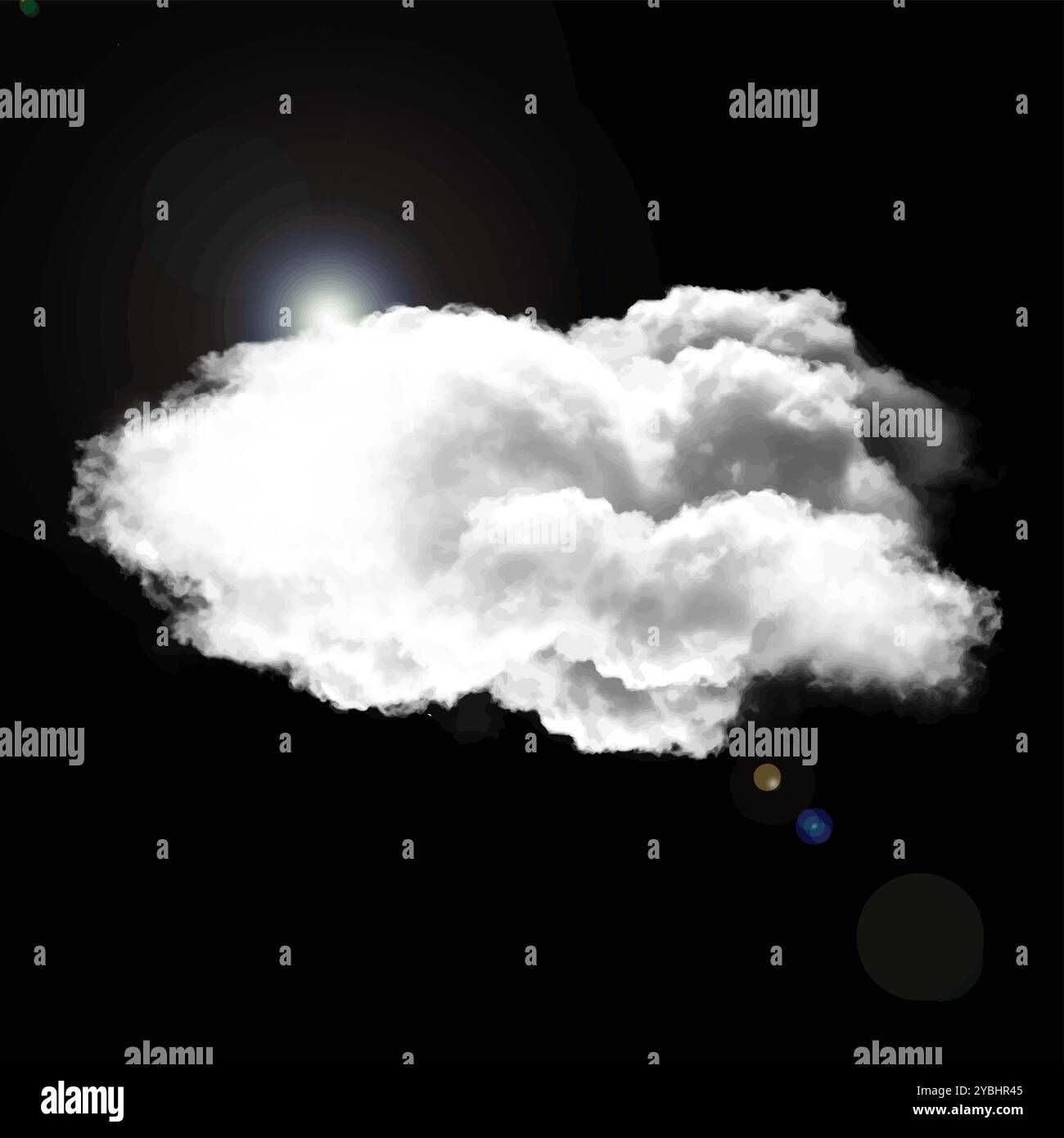 White cloud with sun lens flare isolated over black background ...