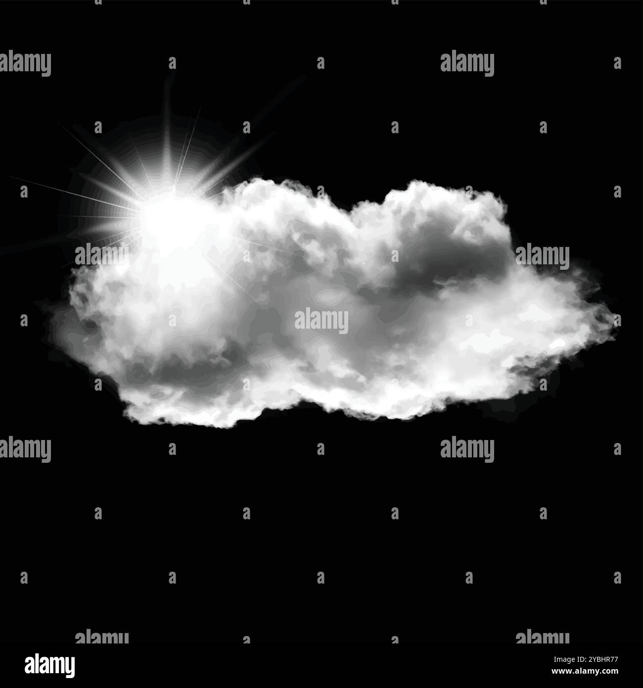 White cloud with sun lens flare isolated over black background ...