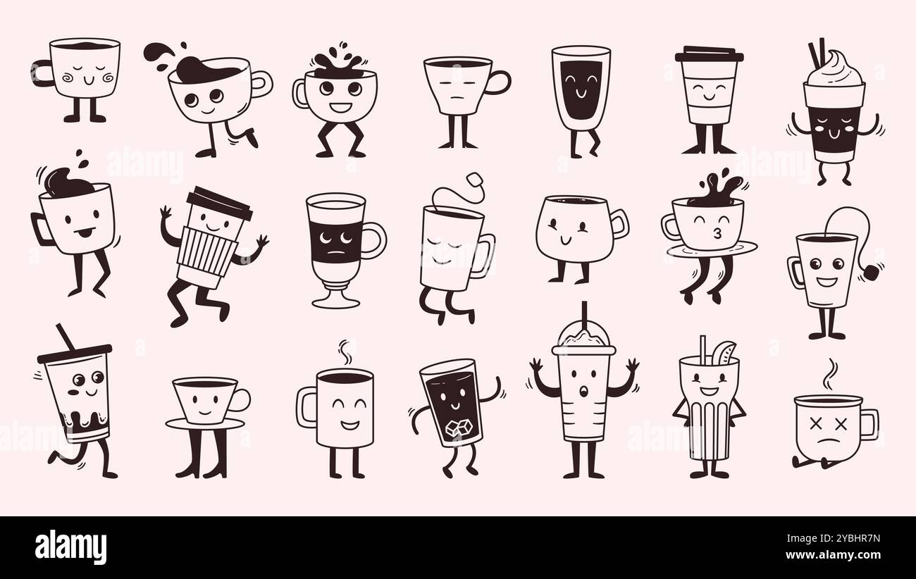 Doodle cup mascots. Cute tea and coffee mug characters for coffee shop drinks menu branding ...