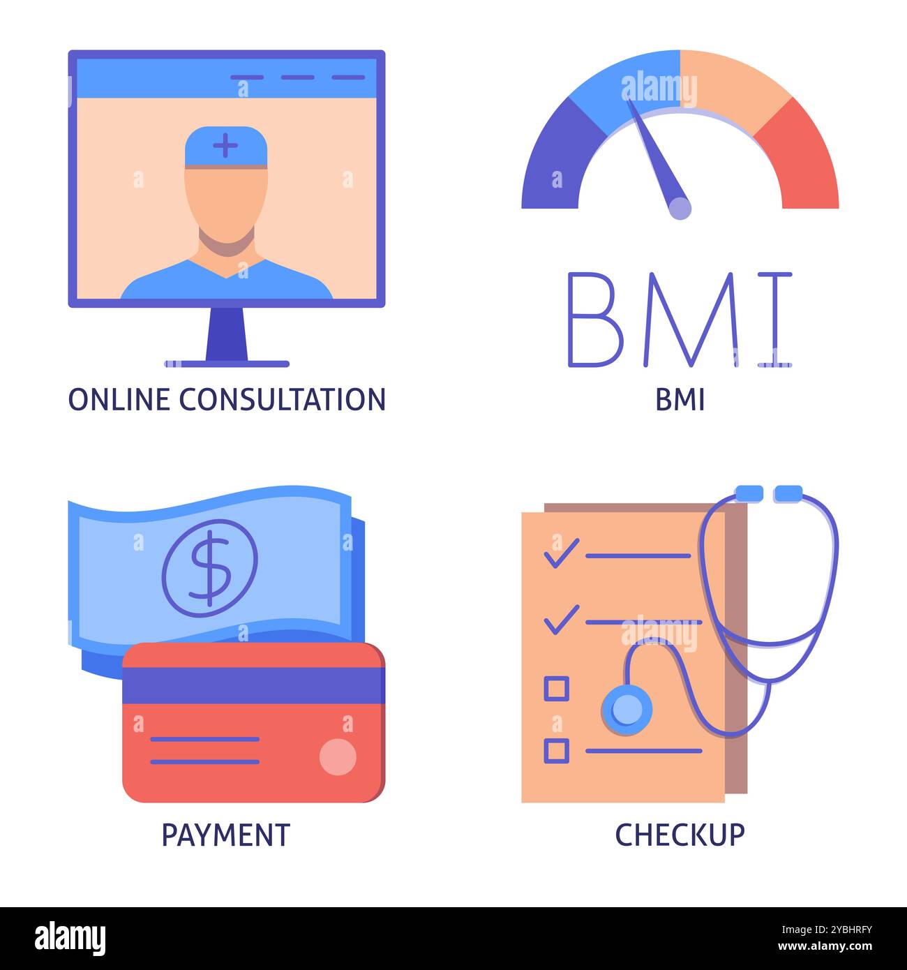 Doctor consultation flat icon set. Telemedicine, medical checklist, BMI scale, payment symbols ...