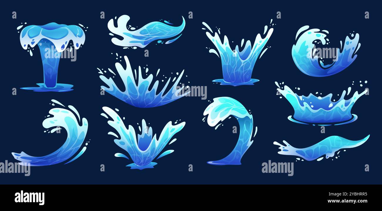 Cartoon water splash. Sea curl wave, splashing aqua flow and blue ...