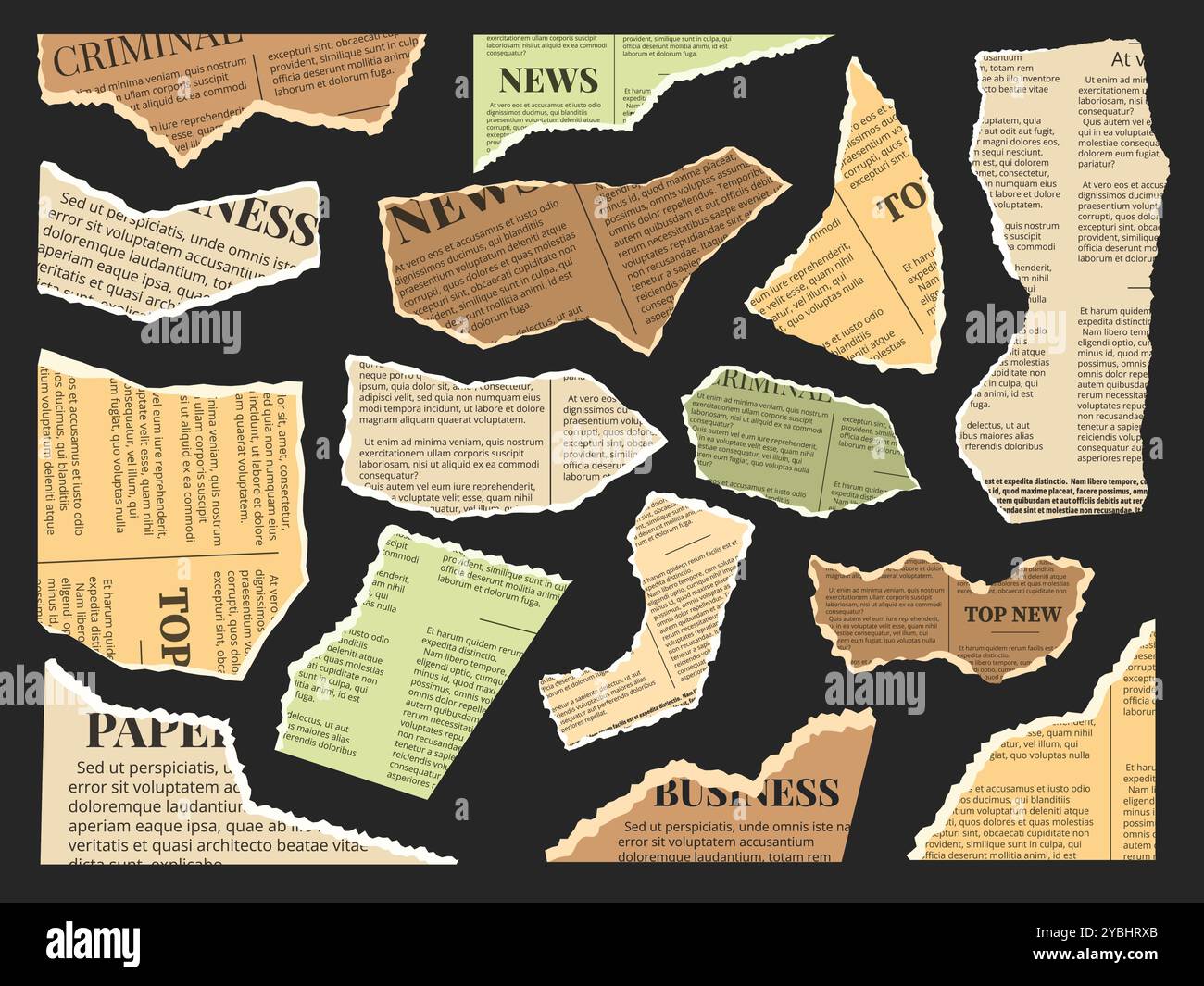 Vintage newspaper scrapbook elements. Ripped old zine pages, torn paper ...