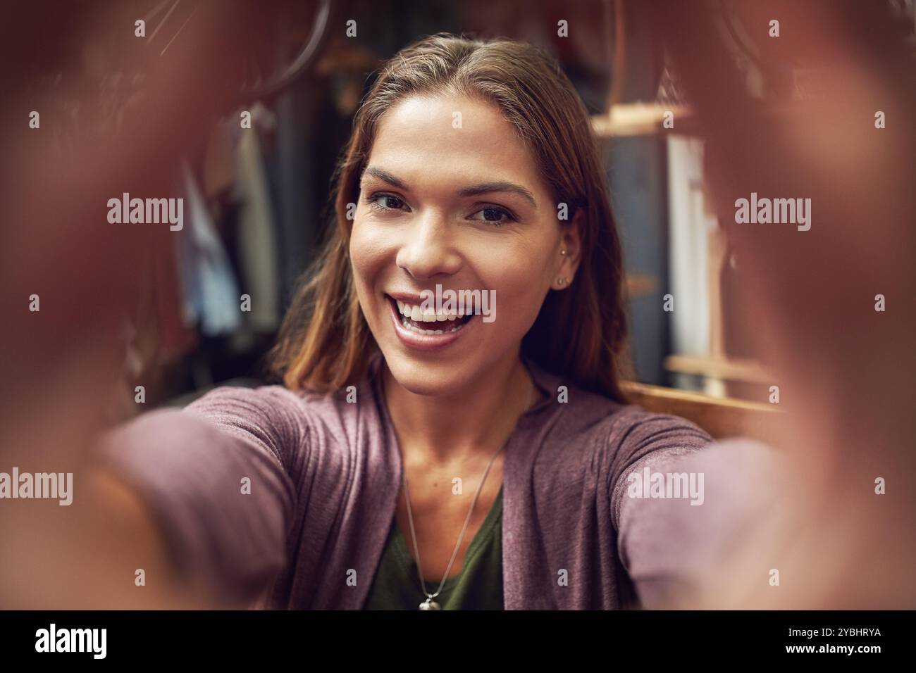 Selfie, influencer smile and coffee shop portrait with woman customer ...