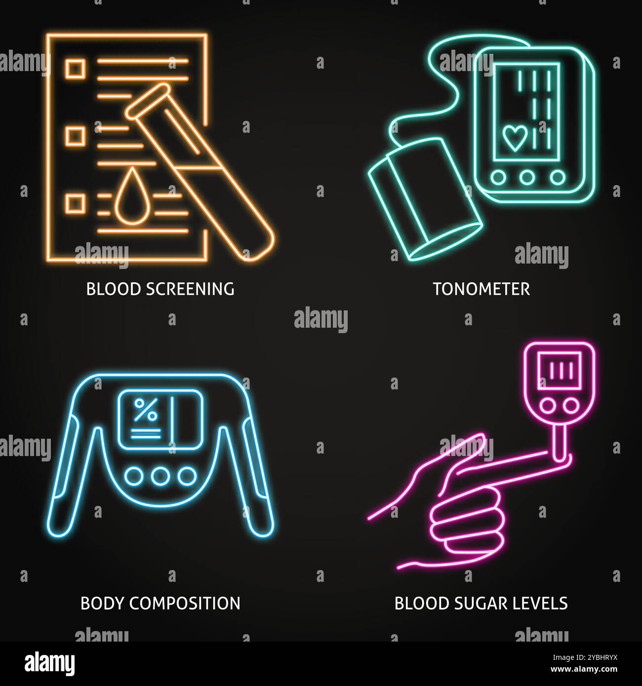 Medical checkup neon icon set. Blood screening, body fat analyzer ...
