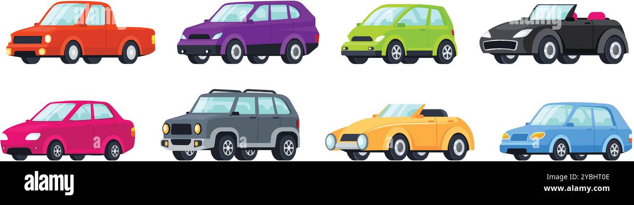 Cartoon cars. Pickup truck, mini car, convertible coupe, sedan, SUV and ...
