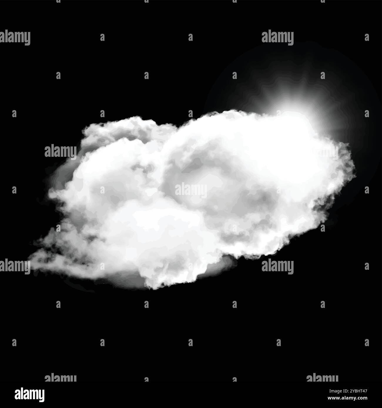 White cloud with sun lens flare isolated over black background ...