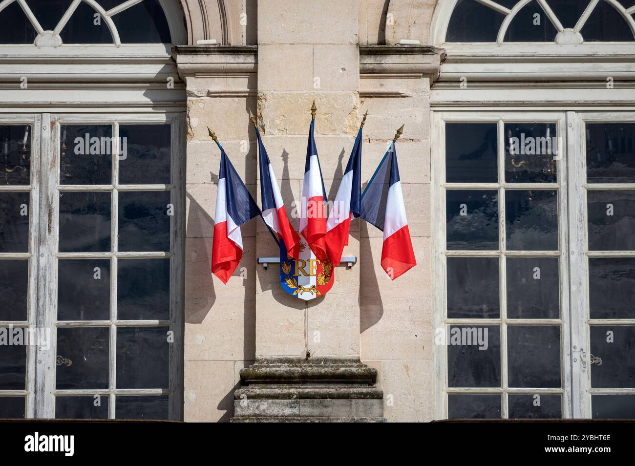 Nancy France 28th September 2024. Five French tricolor flags above the ...