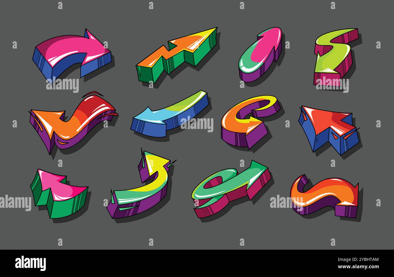 Graffiti 3d arrows. Colorful street art direction pointers, bold urban ...