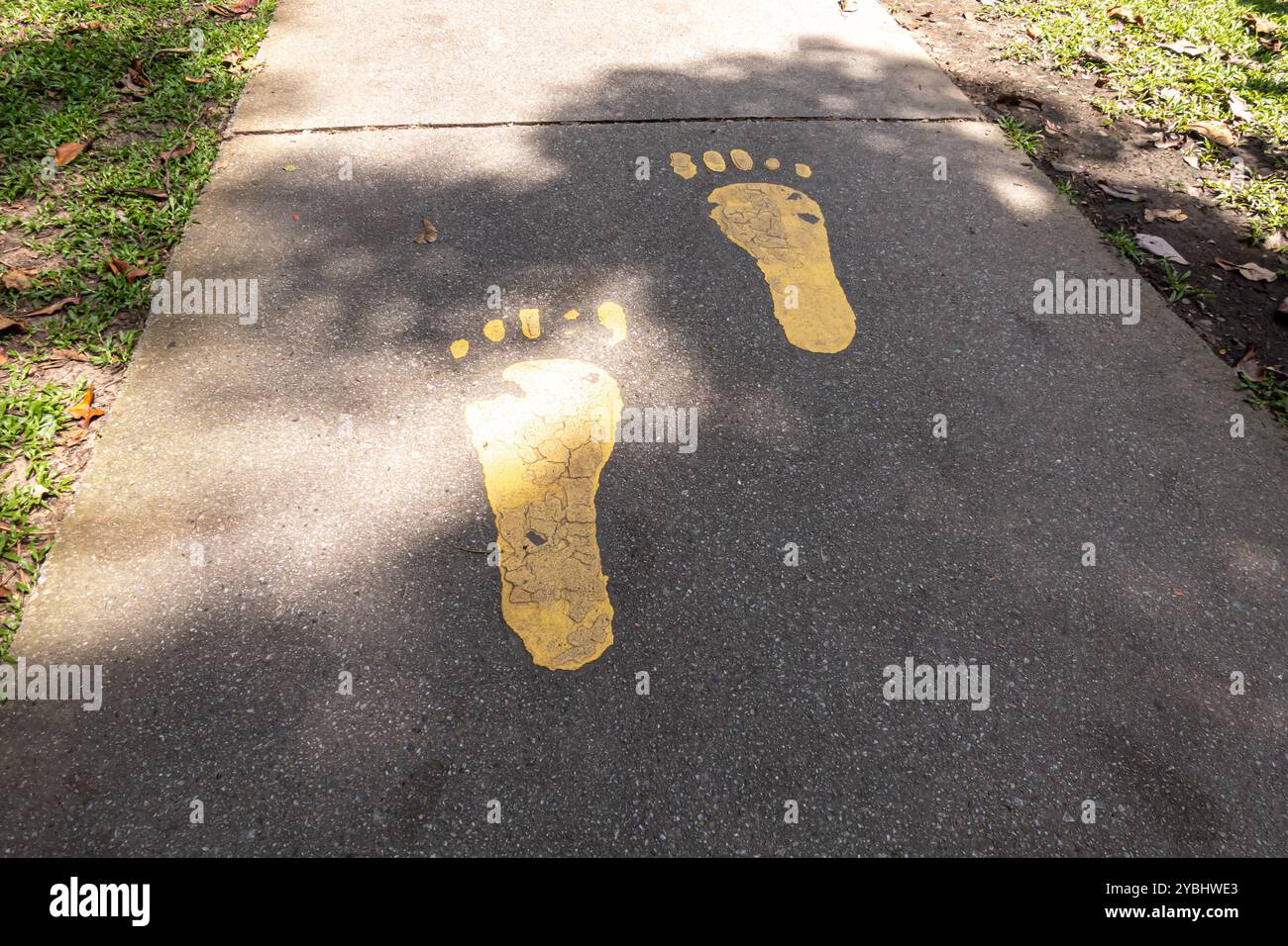 Two yellow graphics - feet human steps on the paved road in the park ...