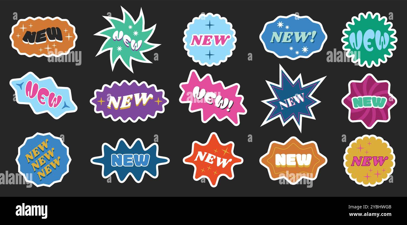 New stickers. Colorful new product labels or new arrival tags with ...