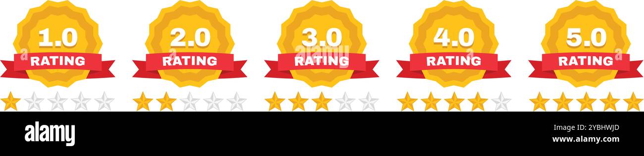 Five star rating badge. Quality rate label with ribbon, customer satisfaction levels and ...