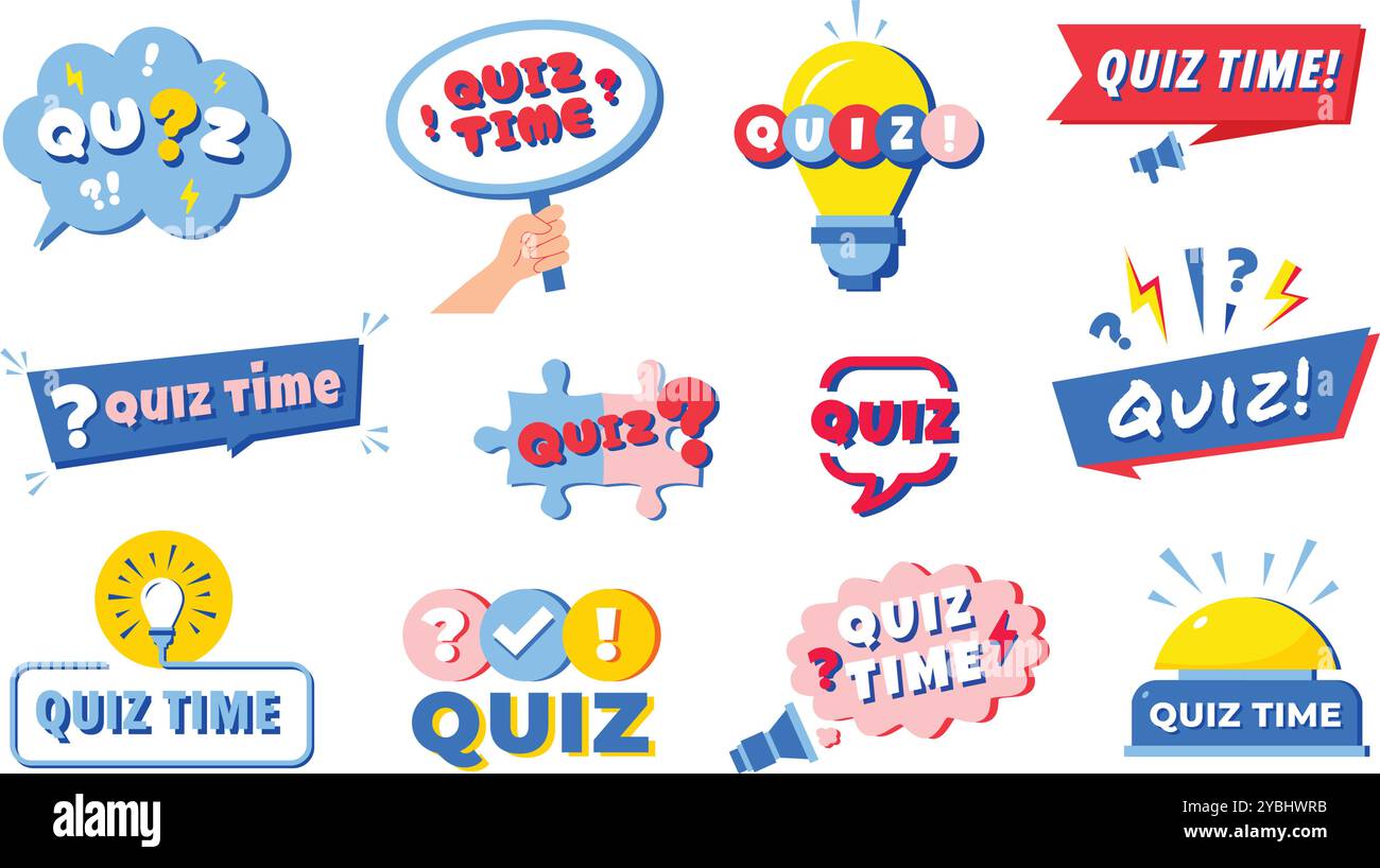 Quiz labels. Trivia question, test or erudite game emblem template with ...
