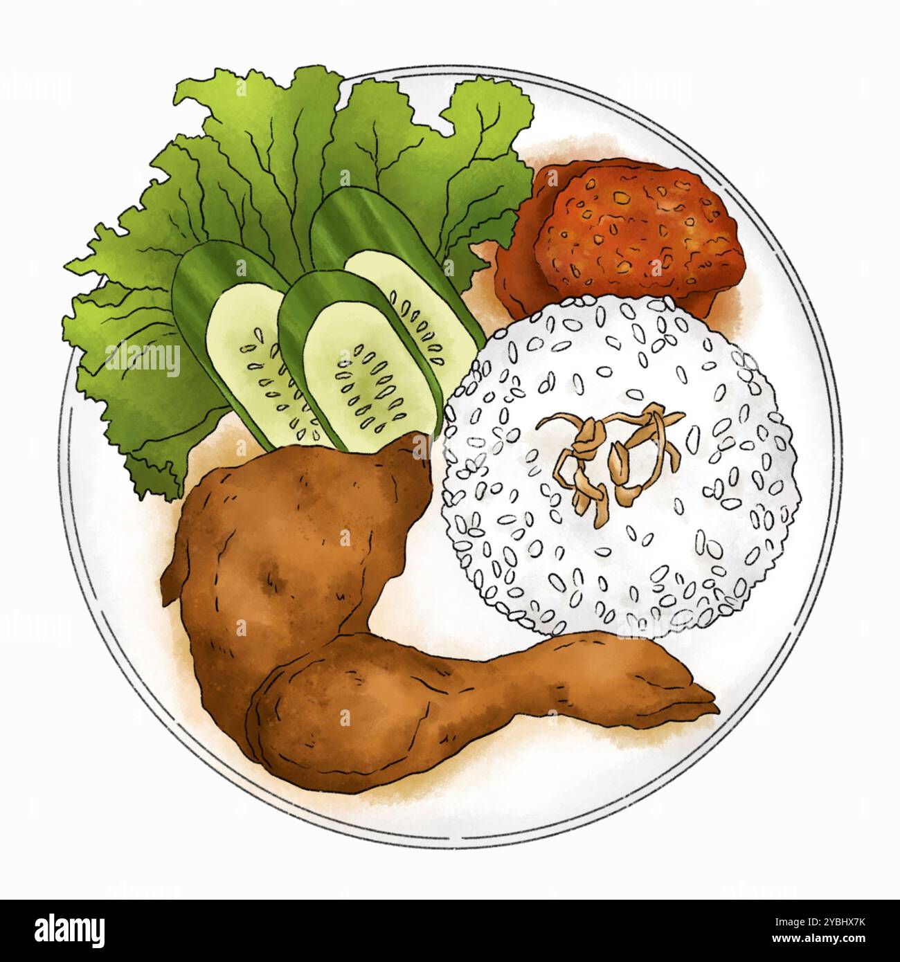 Digital hand drawn of fried chicken with rice. Food sketch with blended ...