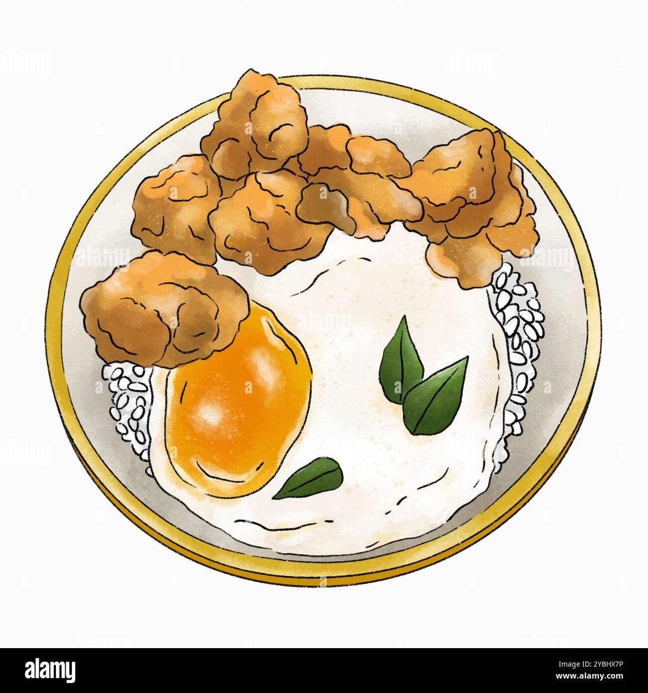 Hand drawn rice bowl with fried chicken and salted egg sauce. Food ...