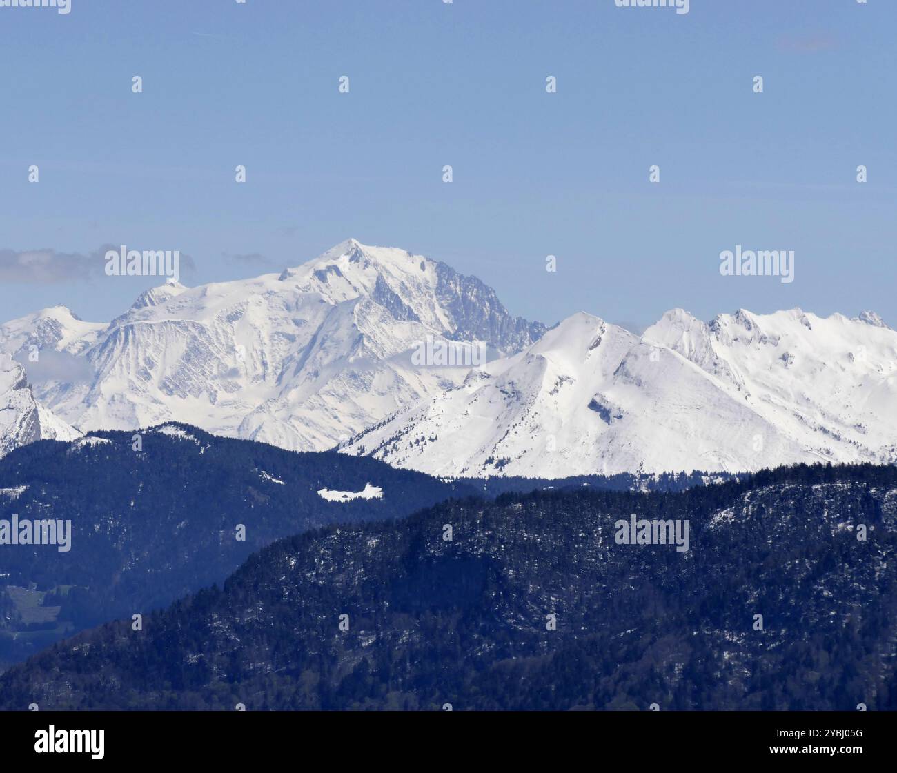 Mont blanc massif and summit seen from Mont Baron observatory in Haute Savoie, France, in sunny ...
