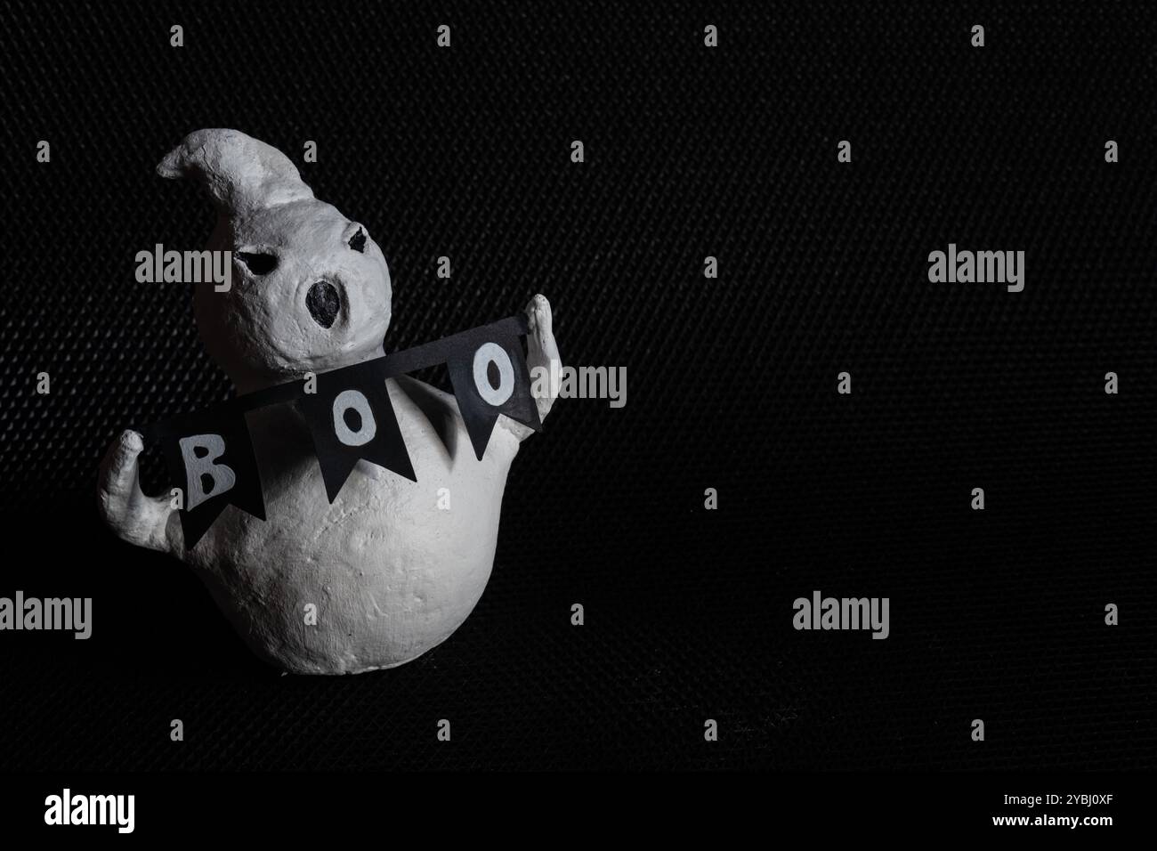 Vintage white ghost holding boo banner in the left corner on black ...