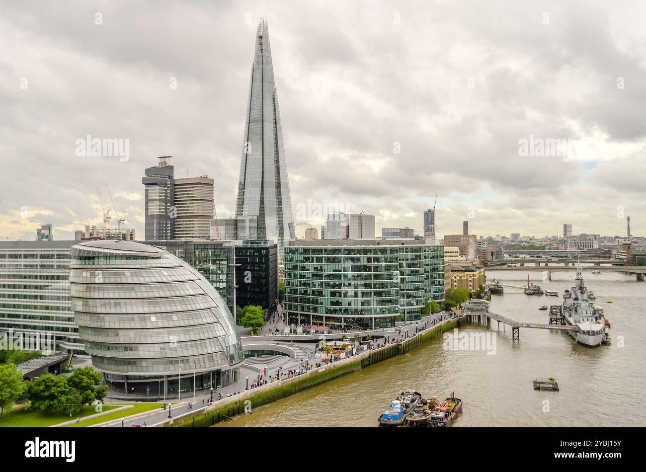 Aerial view of South Bank from Tower Bridge over the Thames River ...