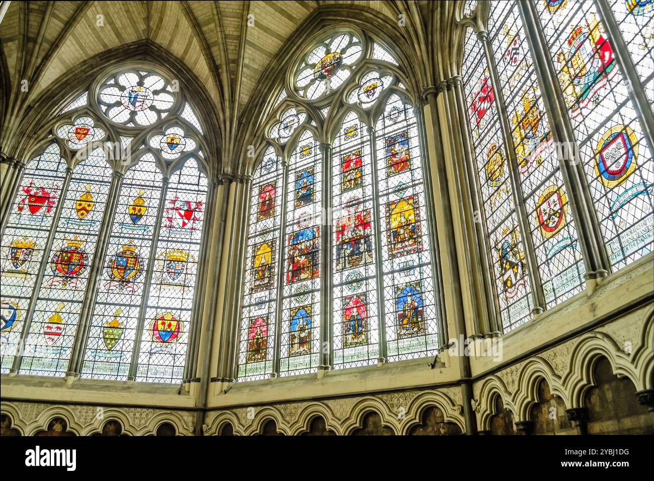 LONDON - MAY 28: Stained glass windows inside Westminster Abbey, London ...
