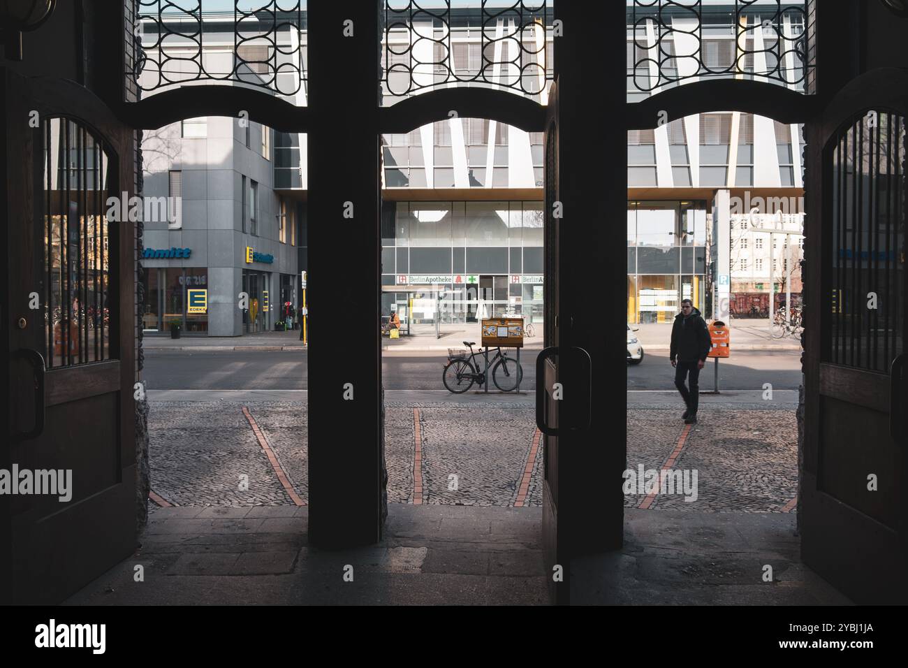 View from the dark inside of Pankow commuter train station to the ...