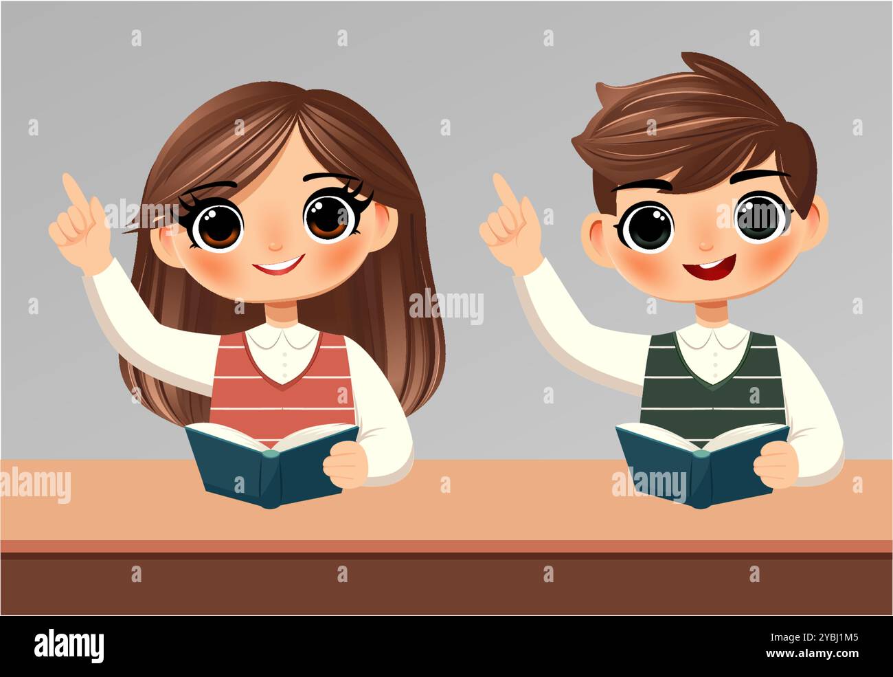 Happy beautiful School Kids Raising Hands in Class, Illustration of ...