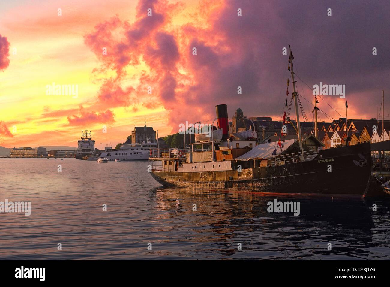 7th September, 2024 Bergen, Norway Sun sets over an old classic steam ...