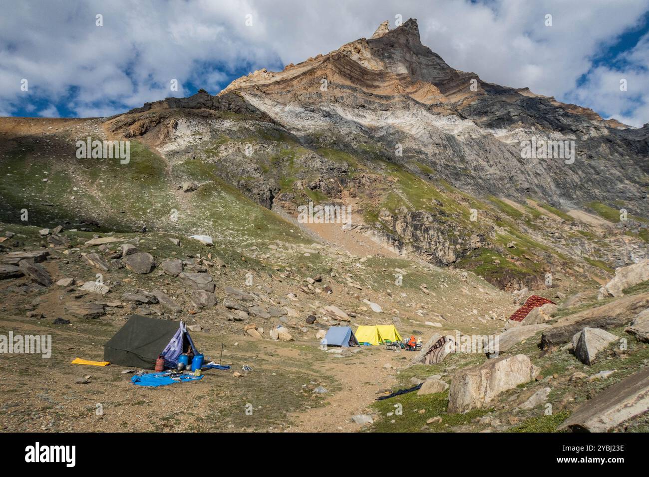 Camping near the Bracken Glacier on a trek from Zanskar to the Warwan ...