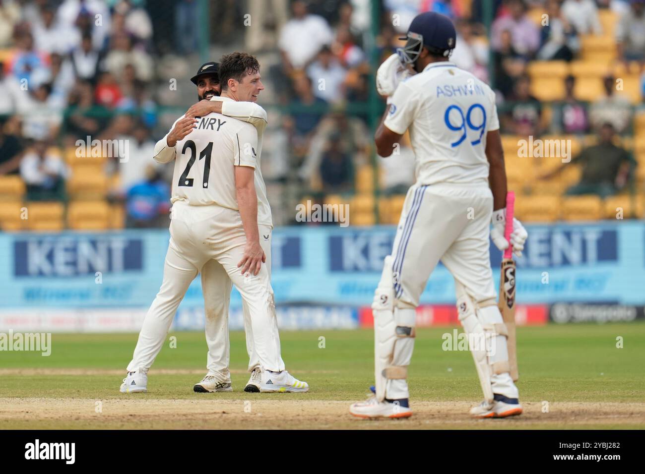 New Zealand's Matt Henry (21) celebrates with teammate Ajaz Patel after ...