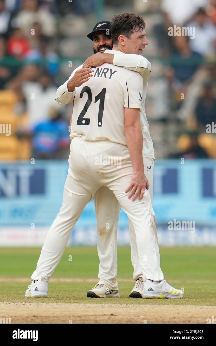 New Zealand's Matt Henry, right, celebrates with teammate Ajaz Patel ...