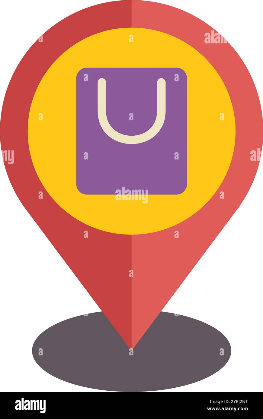 Red location pin pointing at purple shopping bag icon, concept for ...
