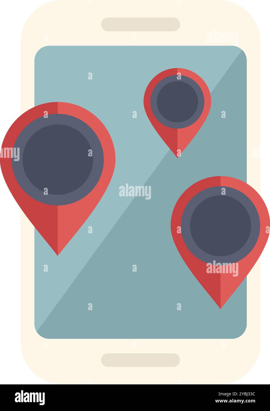 Mobile phone is displaying a map with three red location pins ...