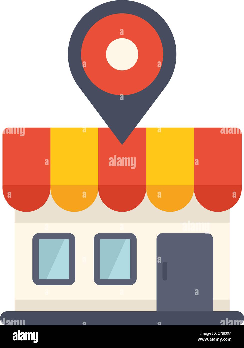 Location pin icon hovering over a retail store, representing a business ...