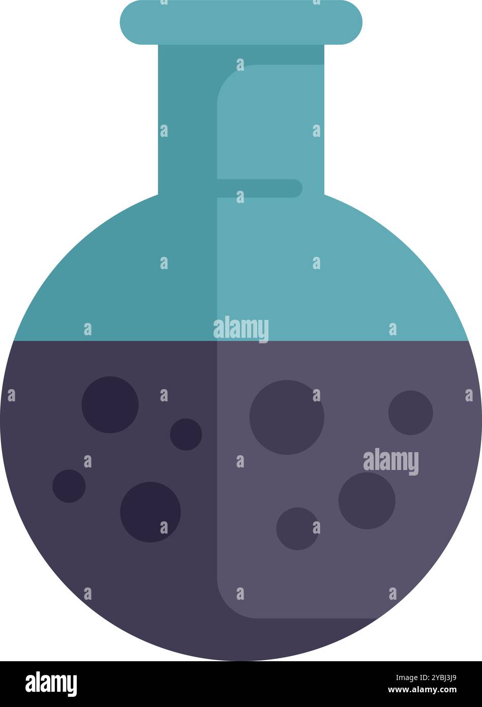 Round bottom flask with bubbling blue chemical solution, isolated on ...