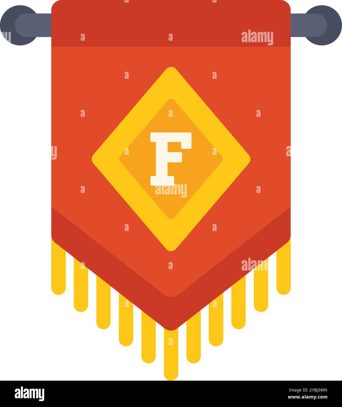 Red pennant hanging on a wall with letter f initial symbol, blank flag ...
